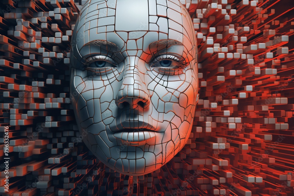 woman's face with 3D cubes and particles in space as symbol of ...