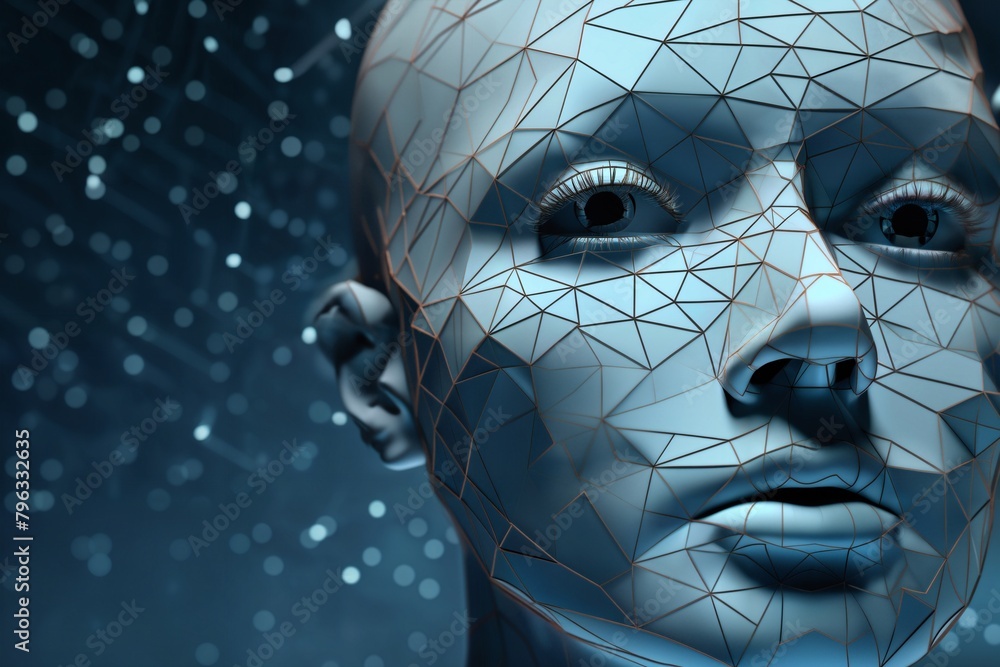 human face with grid and particles in space as symbol of augmented ...