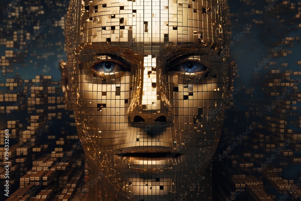 golden human's face with 3D cubes and particles in space as symbol of ...