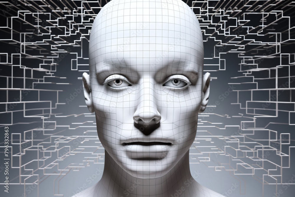 portrait of a humanoid android with 3D cubes and shapes, and particles ...