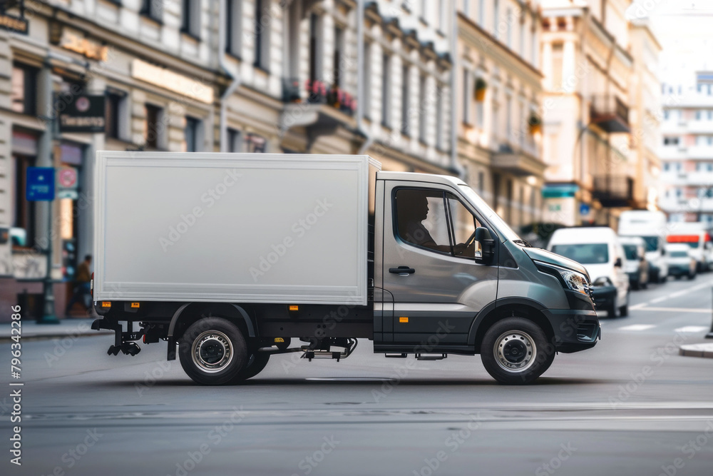 Mockup of a small truck with white van on a city street, side vi Stock ...