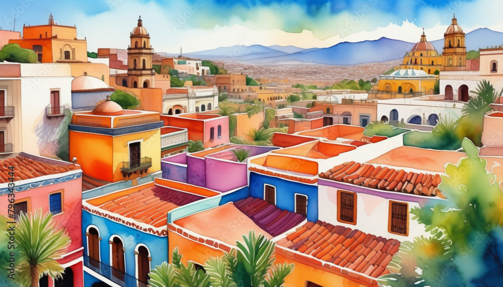 Colorful Mexican town illustration with traditional buildings and ...