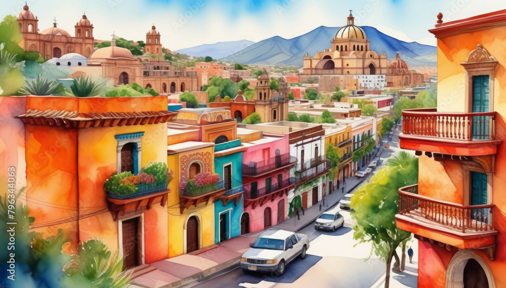 Colorful Mexican street scene with traditional architecture and cars ...