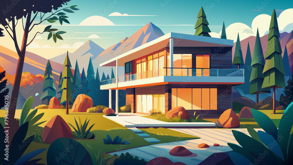 landscape with houses. Modern houses in the forest: vector graphics ...