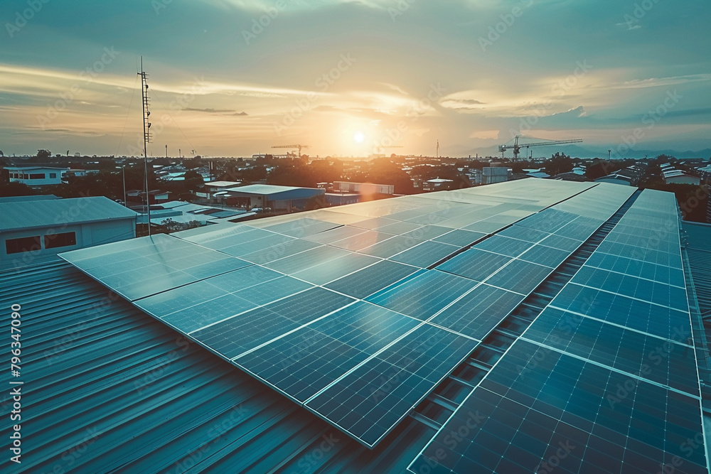 Solar panels installed on the roof of a warehouse, converting sunlight ...