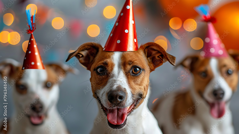 Cute dog celebrating with red party hat and blowout on blue background ...