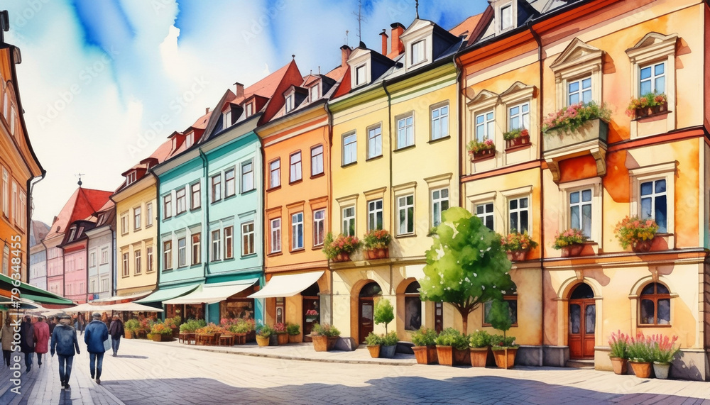 Colorful European old town street scene with pedestrians, illustrating ...
