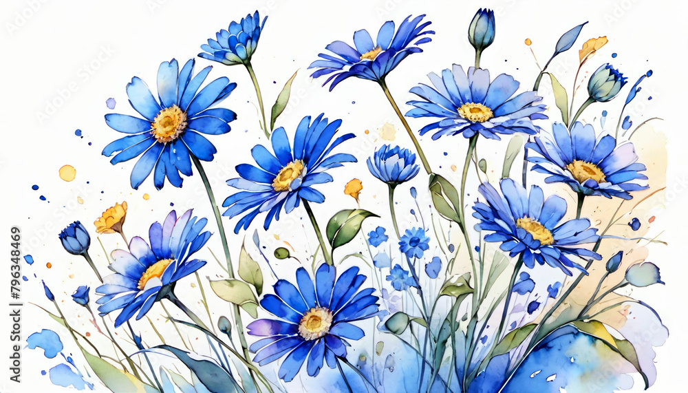 Vibrant watercolor painting of blue daisies with splashes, ideal for ...