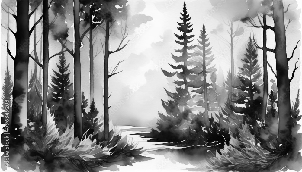Monochromatic watercolor illustration of a dense pine forest with mist ...
