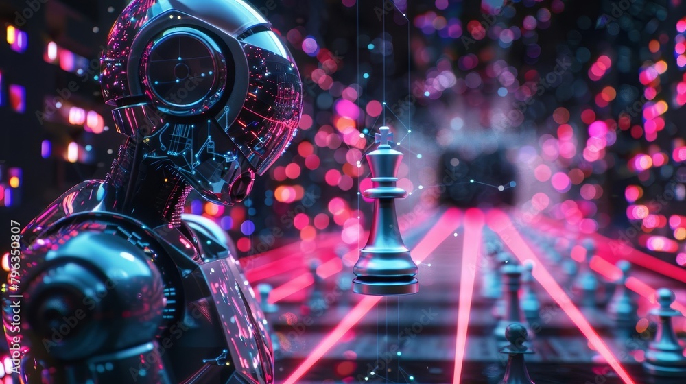 Close-up of robot with a floating chess piece, 3D hologram, neon ...