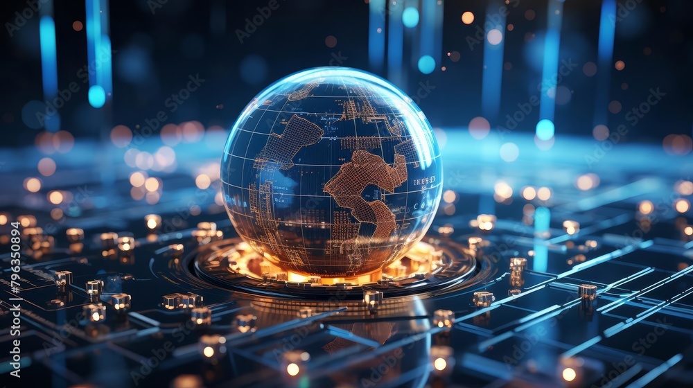 Closeup view of a robot with a small hovering planet Earth, encased in ...