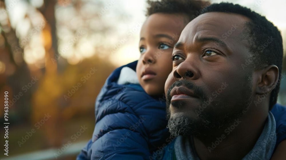 Thoughtful father and son look contemplatively into the distance ...