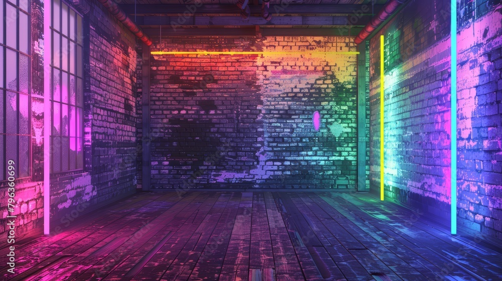 3D rendering of a dilapidated brick wall room, revived with the glow of ...