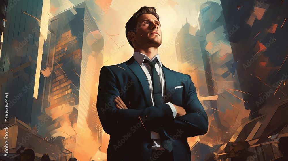 Dynamic image of a triumphant young office worker, arms crossed ...