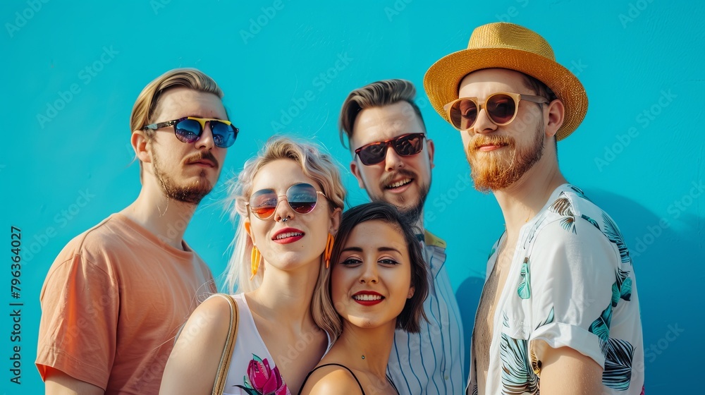 grouple people, men and women, friendship, summer style, blue ...