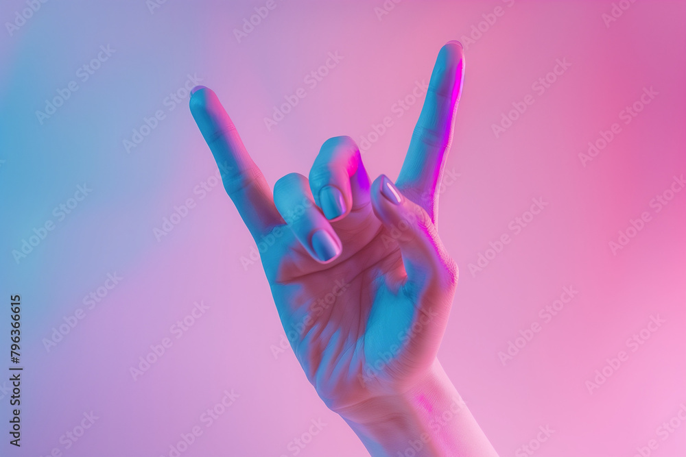 3D illustration of a of neon hand model showing horn sign gesture ...