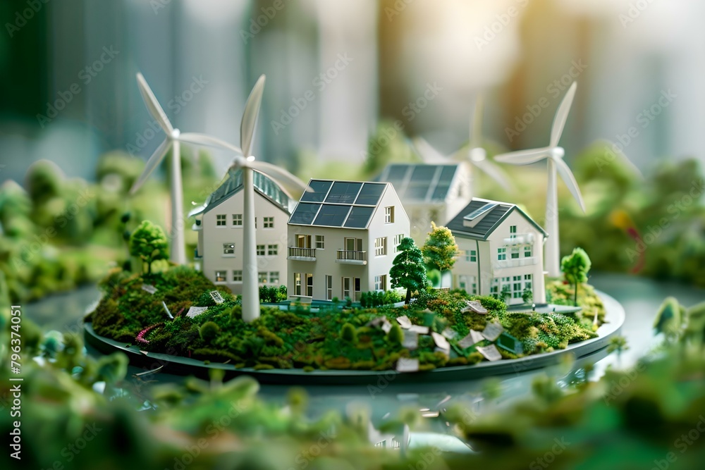 Circular economy city logo with sustainable buildings wind turbines and ...