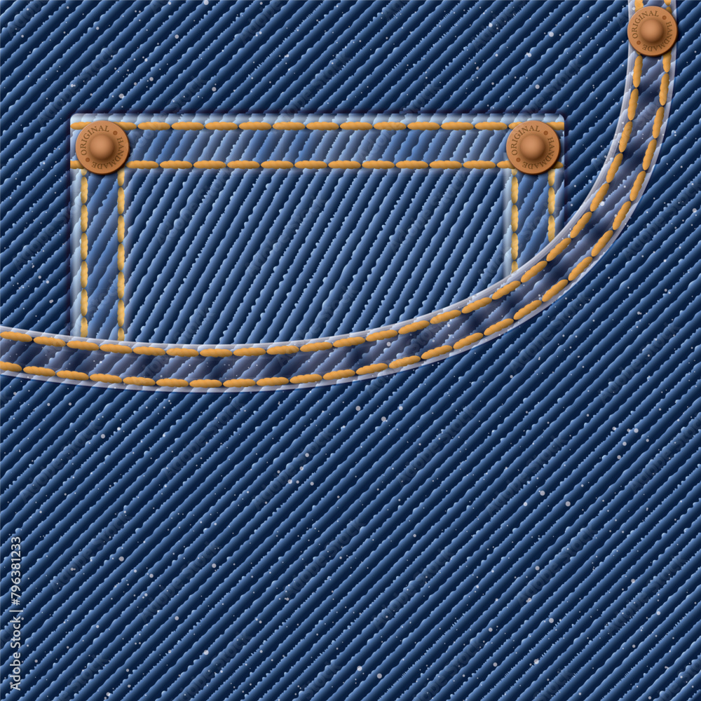 Denim blue jean textile pattern on square background with pocket, gold ...