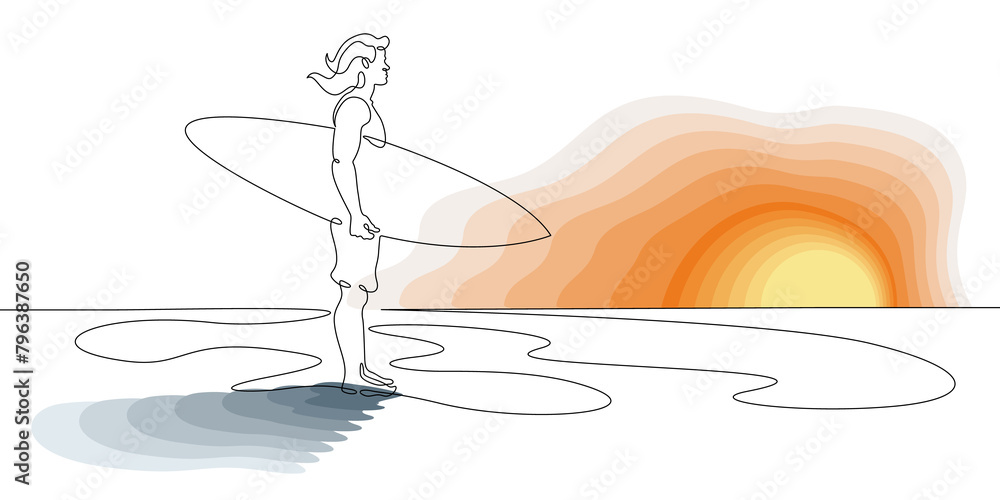 One continuous line.Surfer with a board on the ocean beach. Surfing ...