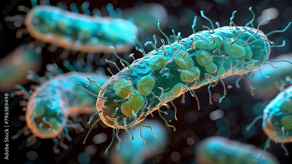 3D Illustration of E.coli bacteria, germs in the body, close up of ...