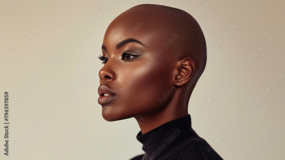 Young ethnic african american beautiful bald woman with alopecia or ...