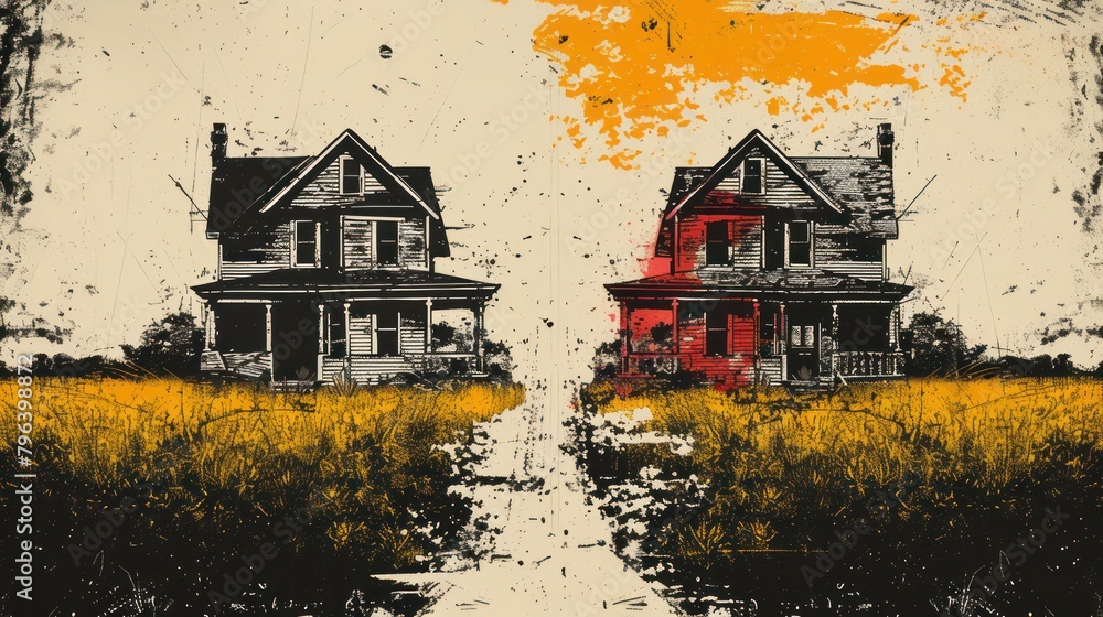 Illustration of two almost identical houses separated by a central ...