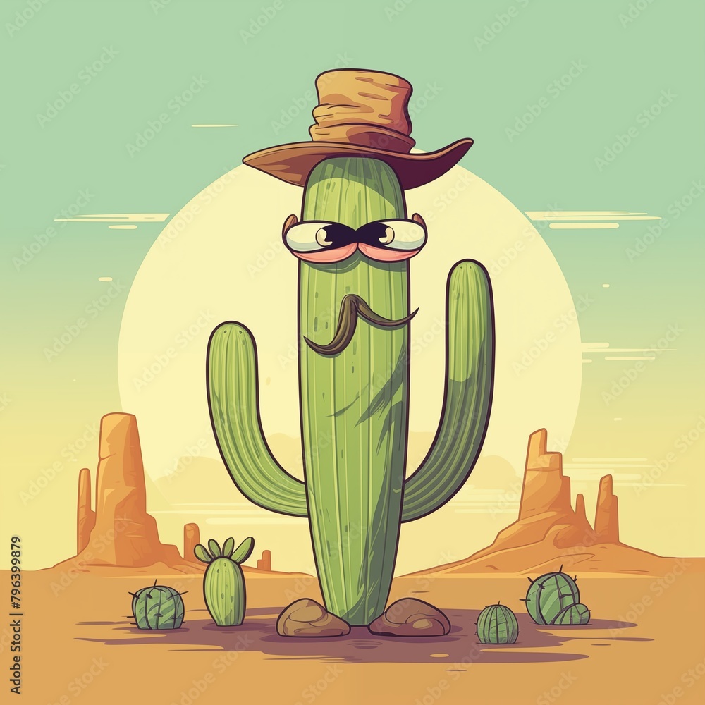 Cartoon illustration of a friendly cactus character with a hat and ...