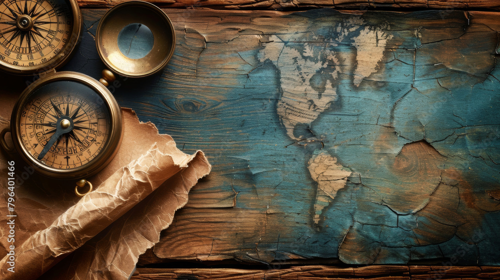 A compass and a map are on a wooden surface. The compass is pointing to ...