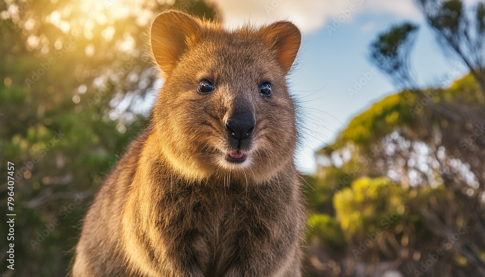 Smiling Quokka in Natural Habitat at Sunset, A friendly quokka enjoying ...