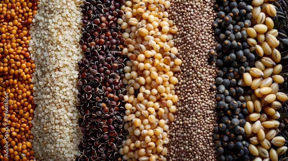 Detailed top view of a vibrant selection of whole grains, rich in ...
