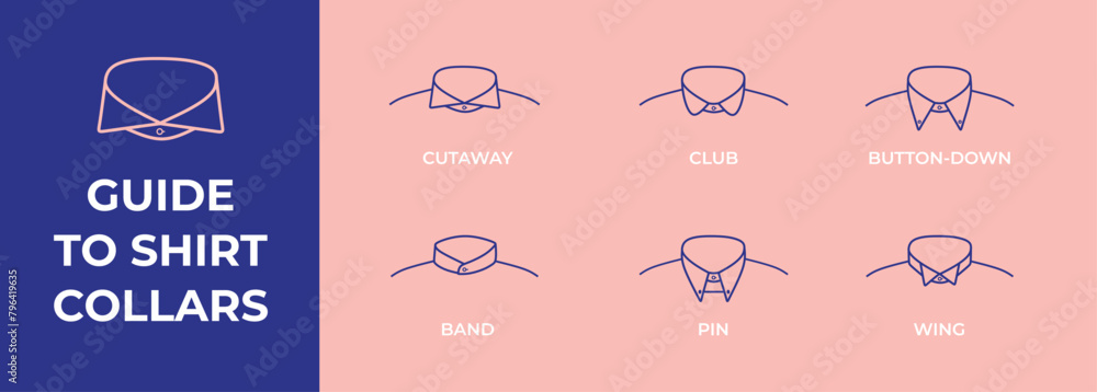 Guide to Shirt Collar Types. Drawings of different collar styles set ...
