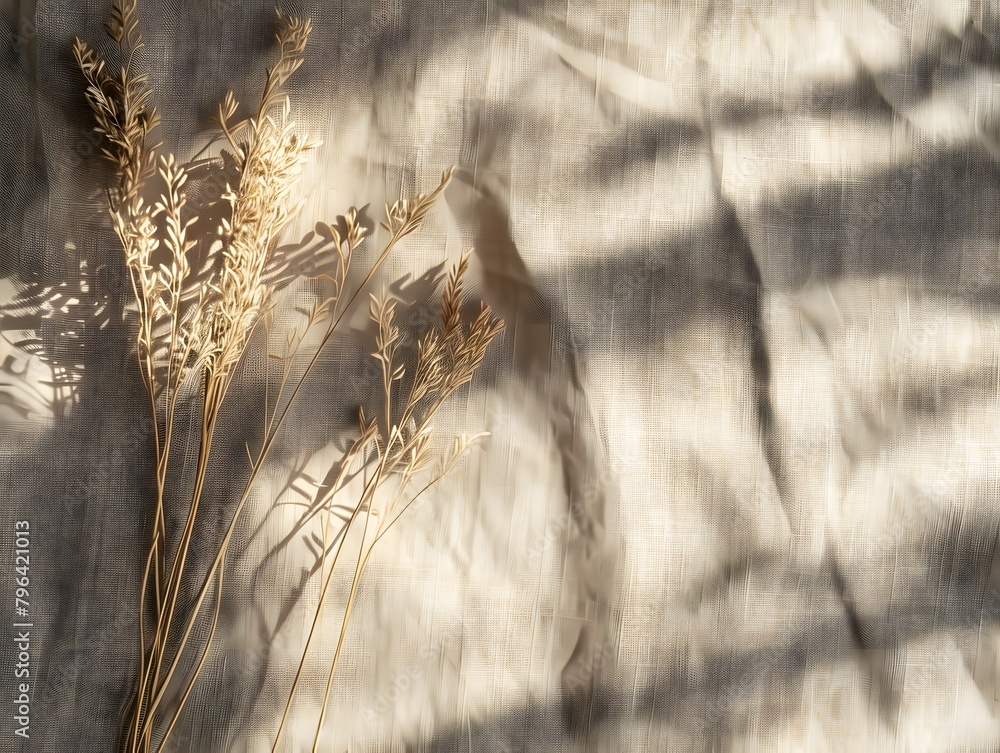 Boho ear of wheat, Reeds on a beige background on a textile material ...