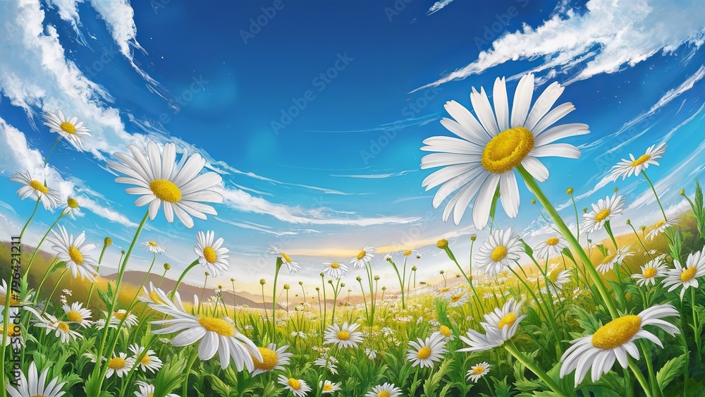 Daisy flower, field, background, spring and summer natural landscape ...