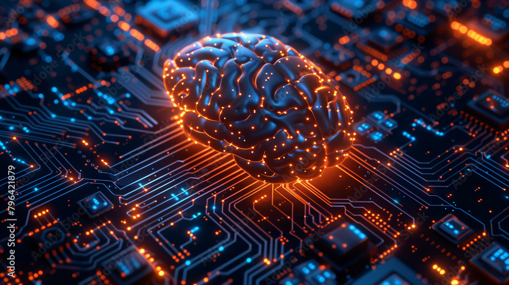 Glowing cybernetic brain's neural network integration serves as the ...