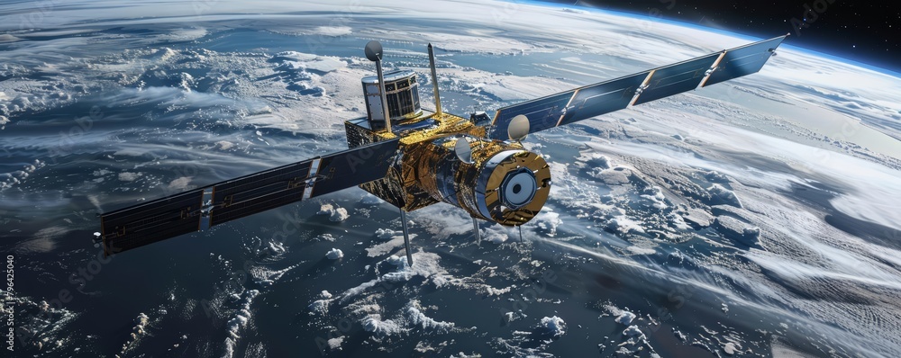 High above the earth, a satellite rendered in a detailed 3D ...