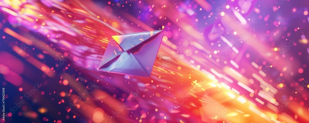 Produce a visually stunning 3D artwork of a flying email icon soaring ...