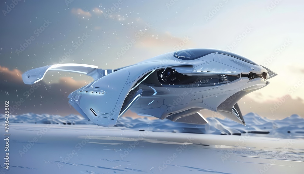 Showcase the futuristic design of the flying machine as it navigates ...