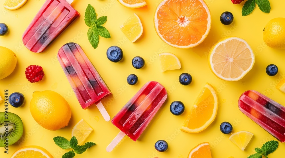 Colorful summer popsicles and fruit on a yellow background in a flat ...