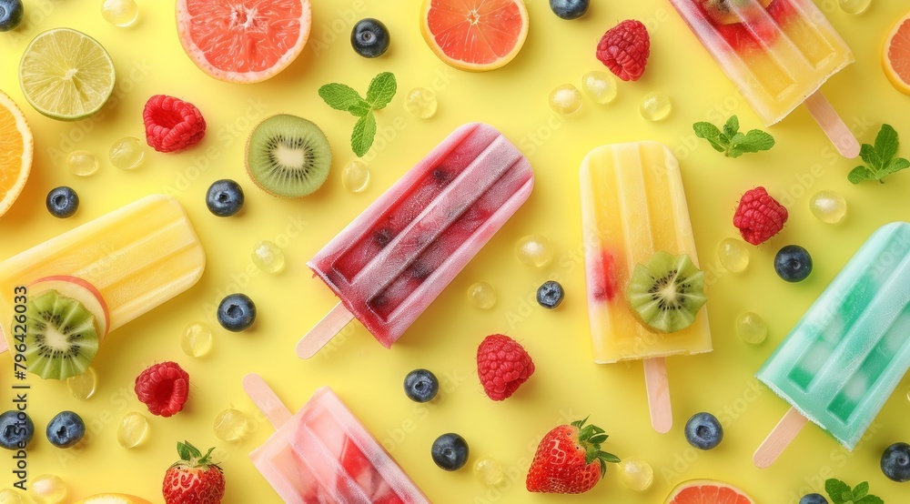 Colorful summer popsicles and fruit on a yellow background in a flat ...
