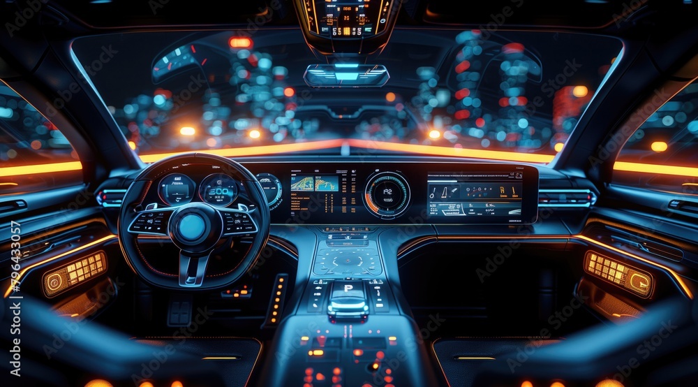 autonomous futuristic car dashboard concept with HUD and hologram ...