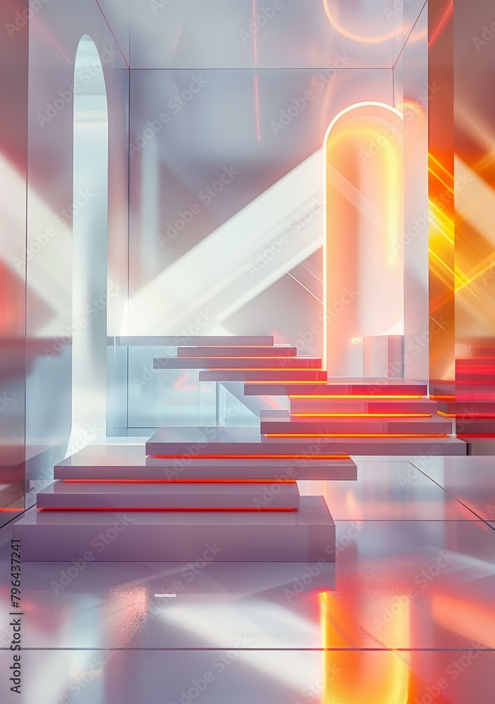 b'liminal space with glowing red and white stairs and archways' Stock ...