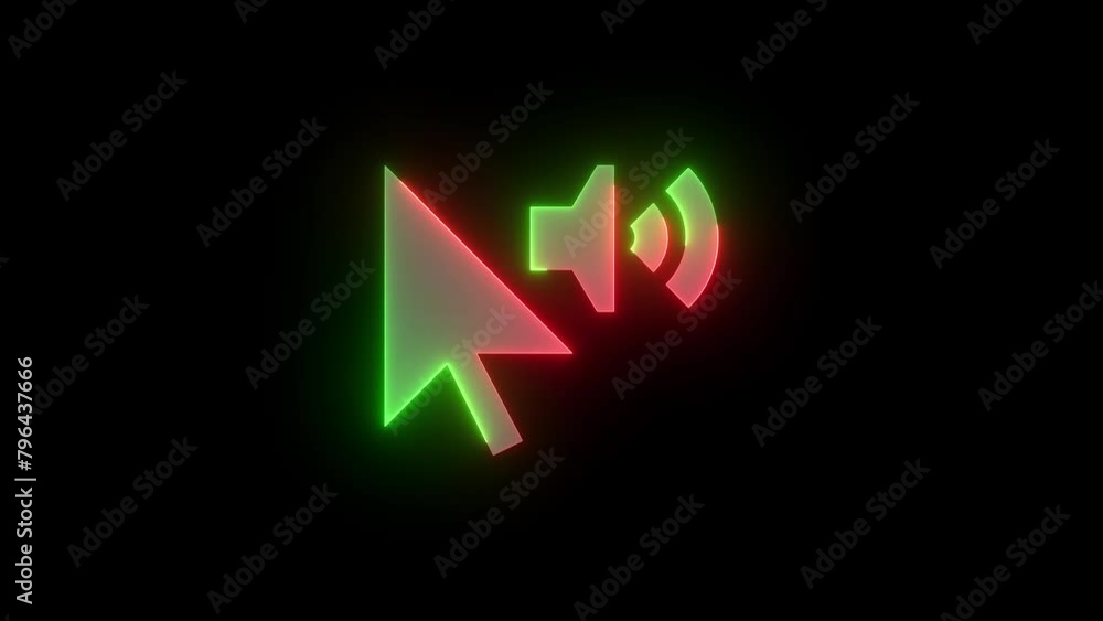 Neon mouse cursor loud speaker icon green red color glowing animated ...
