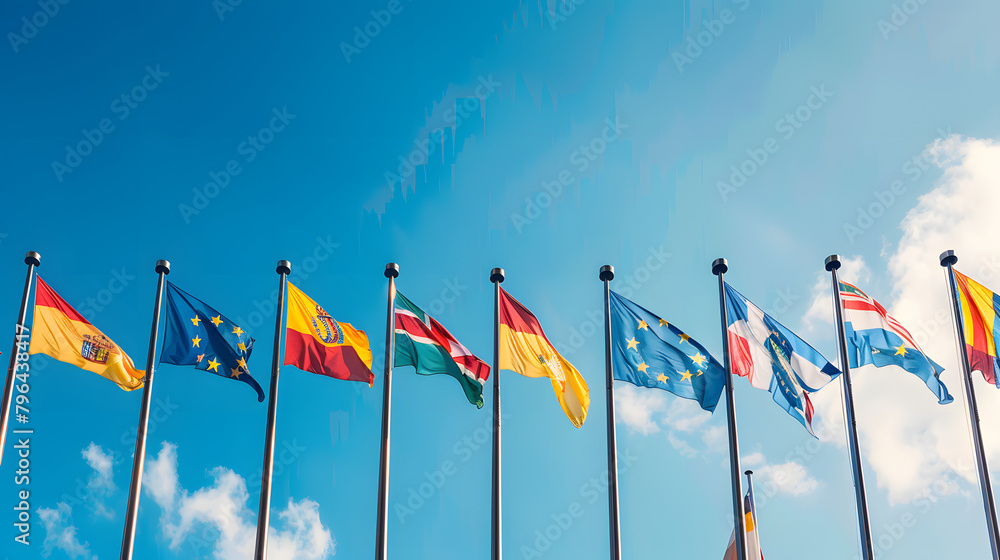flags of european union countries with flagstaffs all in one line Stock ...
