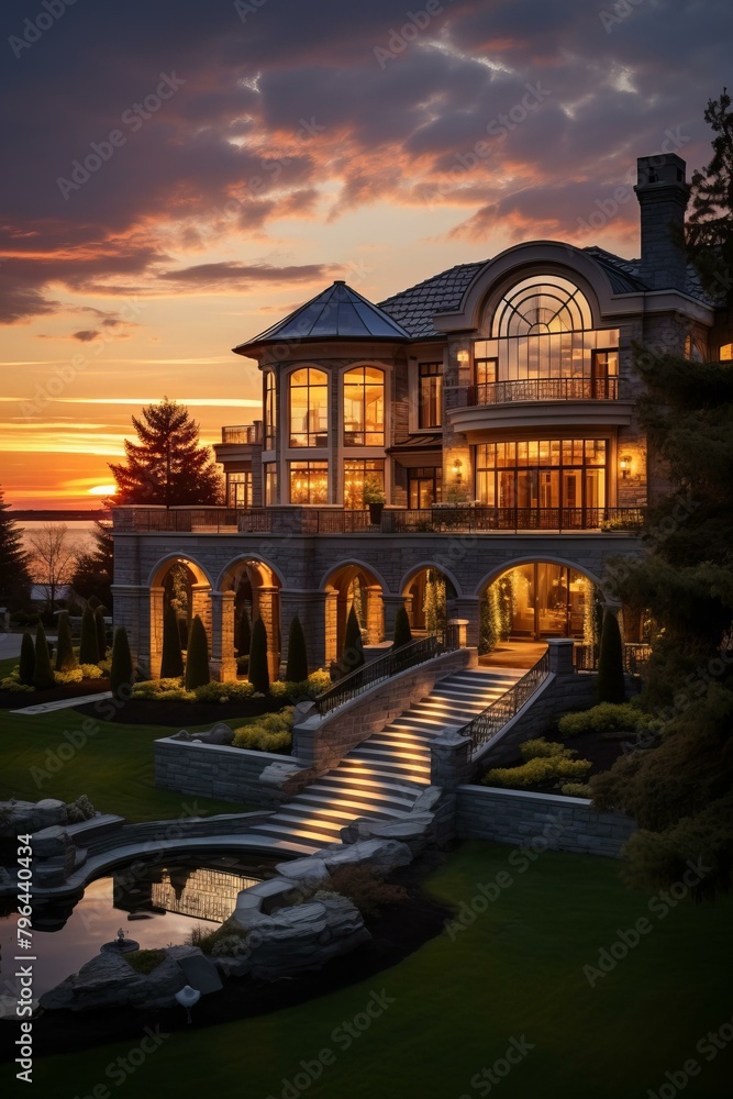b'A luxurious lakeside mansion with a beautiful sunset in the ...