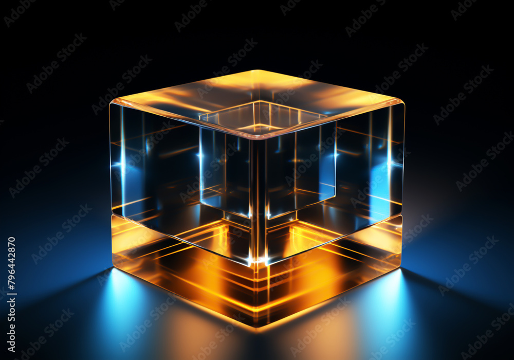3D blue and yellow cube with refraction and holographic effect light on ...