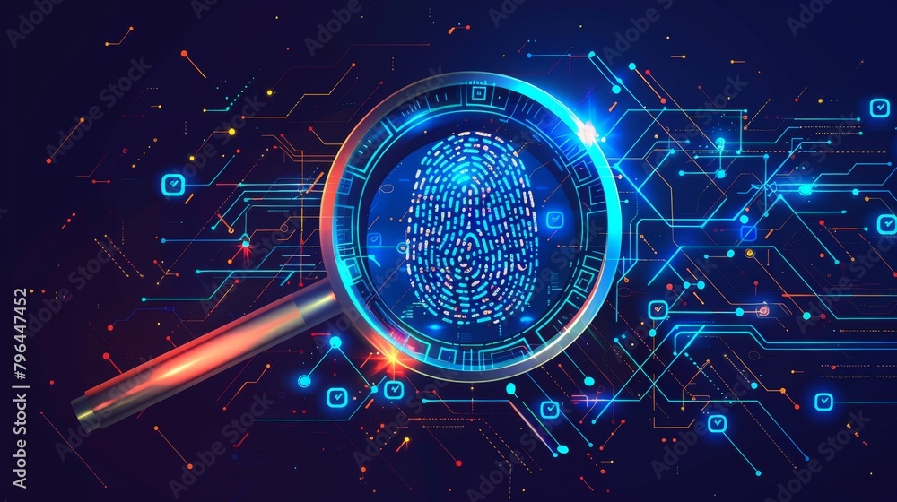 Cybersecurity: A vector illustration of a magnifying glass scanning a ...