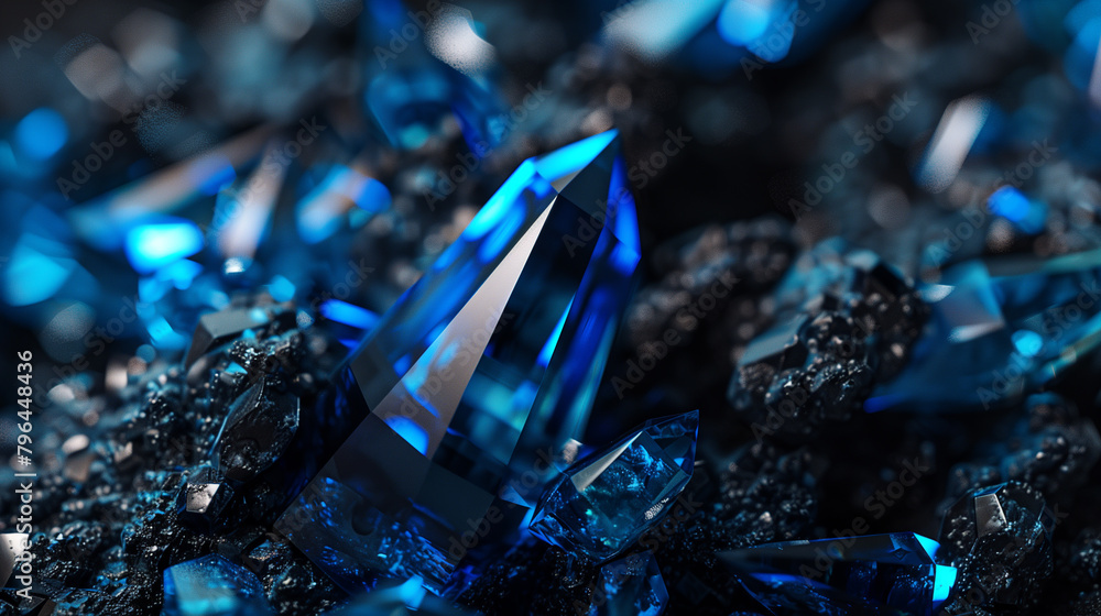 A blue crystal formation is on a rocky surface. The blue color of the ...