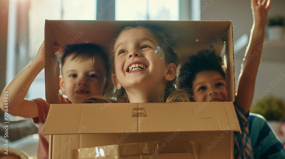 Kids playing with a cardboard box, imagining it's a spaceship. Stock ...
