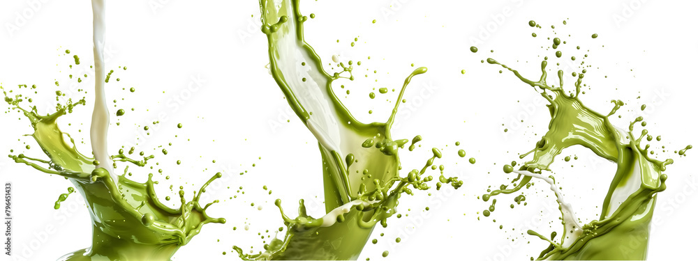 Set of matcha green tea with milk splashing mixed together. isolate on ...