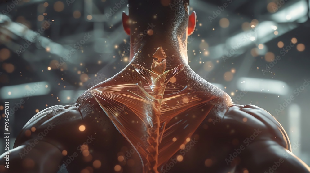 A close-up of a muscular man's back. The muscles are detailed and ...